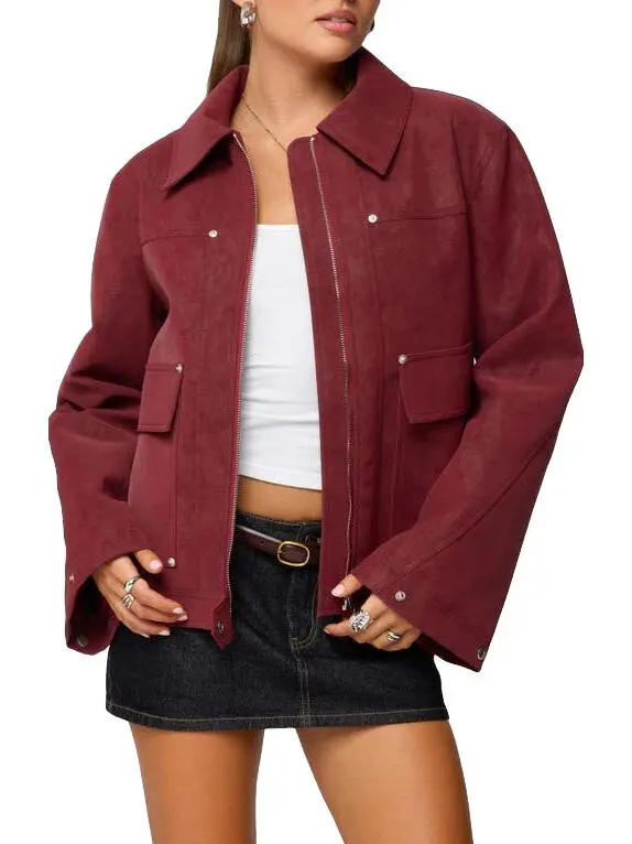 EDIKTED Faux Suede Oversize Jacket - Burgundy