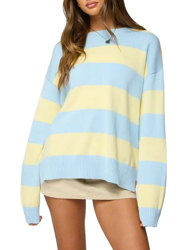 EDIKTED Riley Stripe Oversized Cotton Sweater - Light-blue-and-yellow