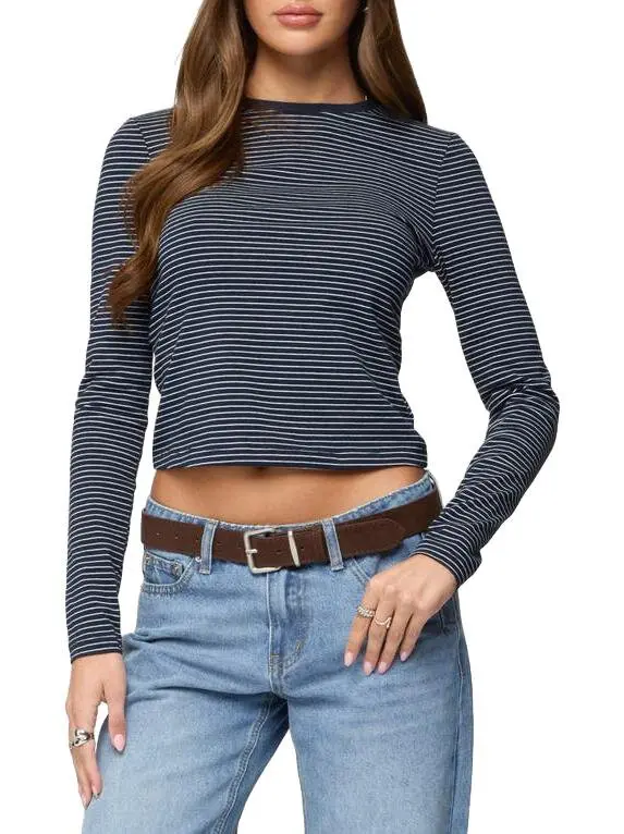 EDIKTED Brianna Long Sleeve Crop T-shirt - Navy-and-white