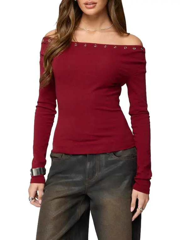 EDIKTED Grommet Off-the-shoulder Sweater - Burgundy