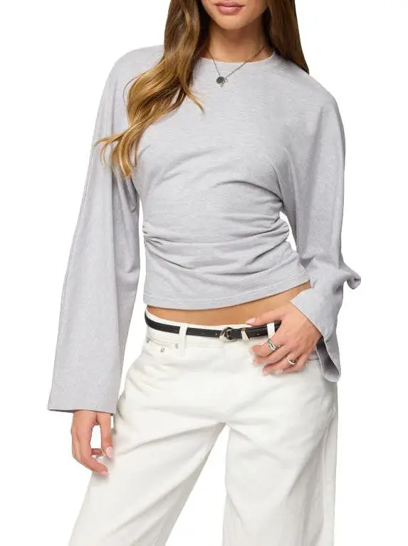 EDIKTED Charlisa Ruched Long Sleeve Crop Top - Gray-melange