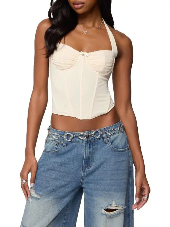 EDIKTED Ruched Corset Halter Top - Beige