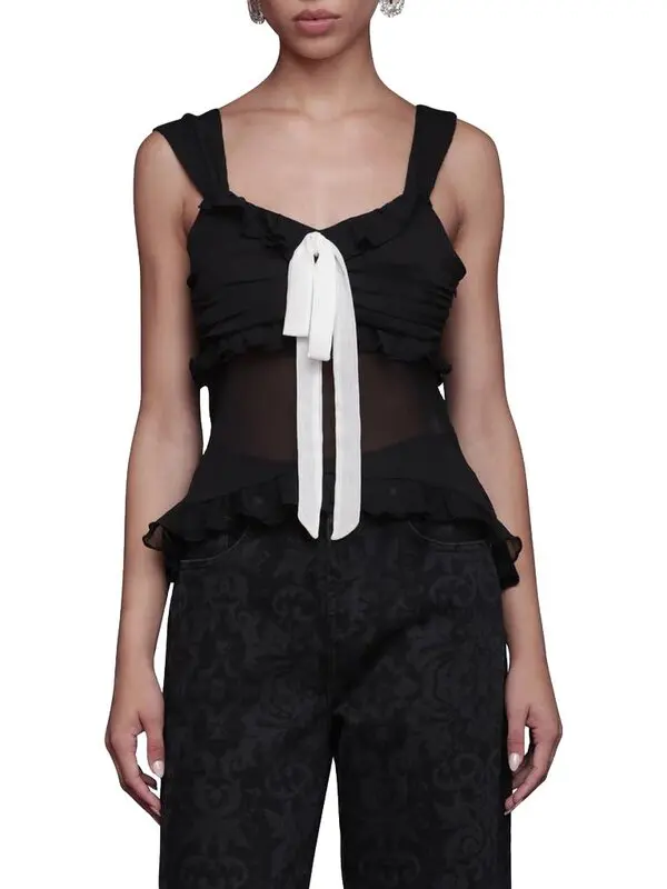 Avec Les Filles Sheer Ruffle Tank With Tie Neck - Black