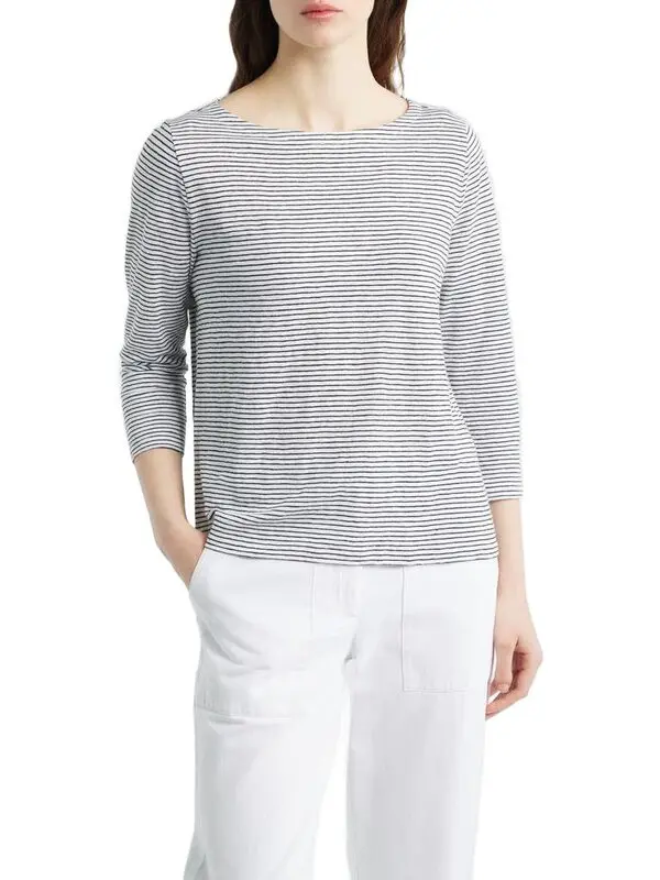 Eileen Fisher Stripe Bateau Neck Organic Linen Top - White/black