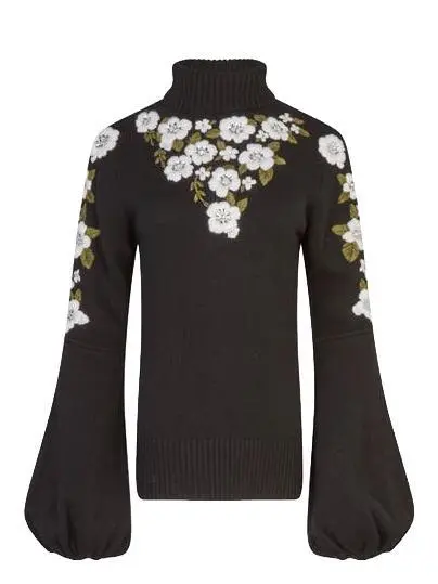 Anne Fontaine Legende Floral Applique Turtleneck Pullover - Black