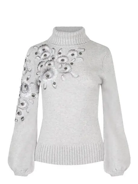 Anne Fontaine Aubade Floral Appliqué Turtleneck - Grey