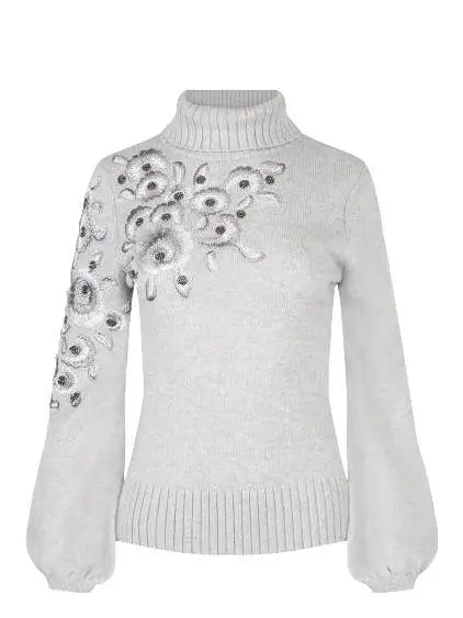 Anne Fontaine Aubade Floral Appliqué Turtleneck - Grey