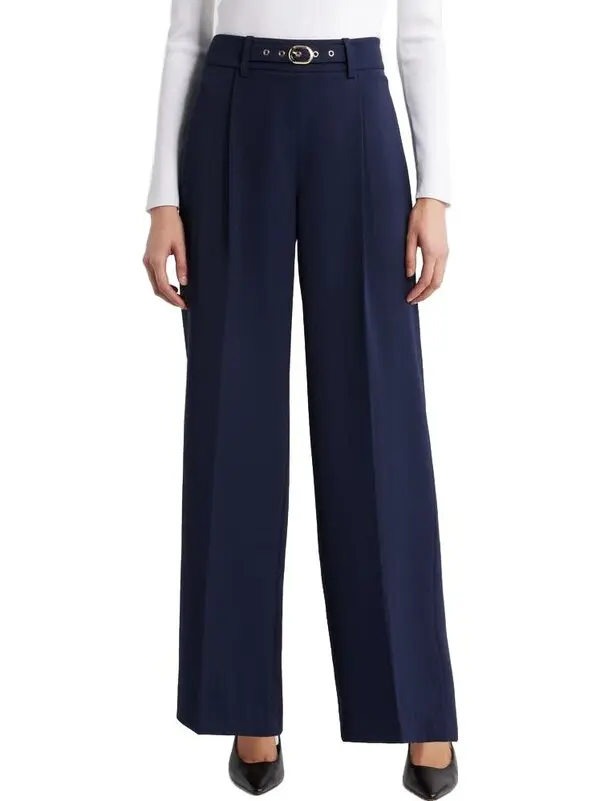 Elie Tahari Belted High-waist Wide-leg Twill Pants - Navy