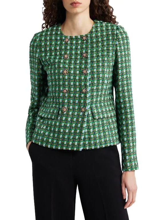 Elie Tahari Eleni Double-breasted Tweed Blazer - Parrot Green Tweed