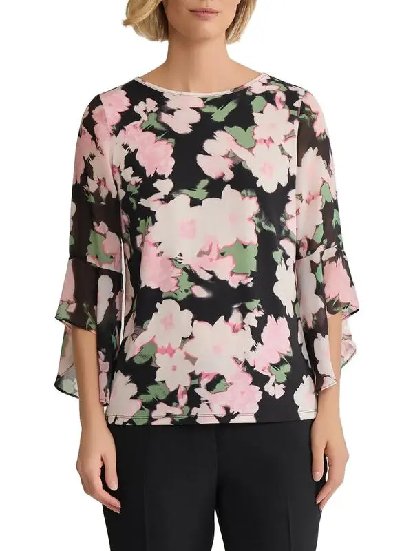KASPER Floral Flutter Sleeve Top - Black Multi