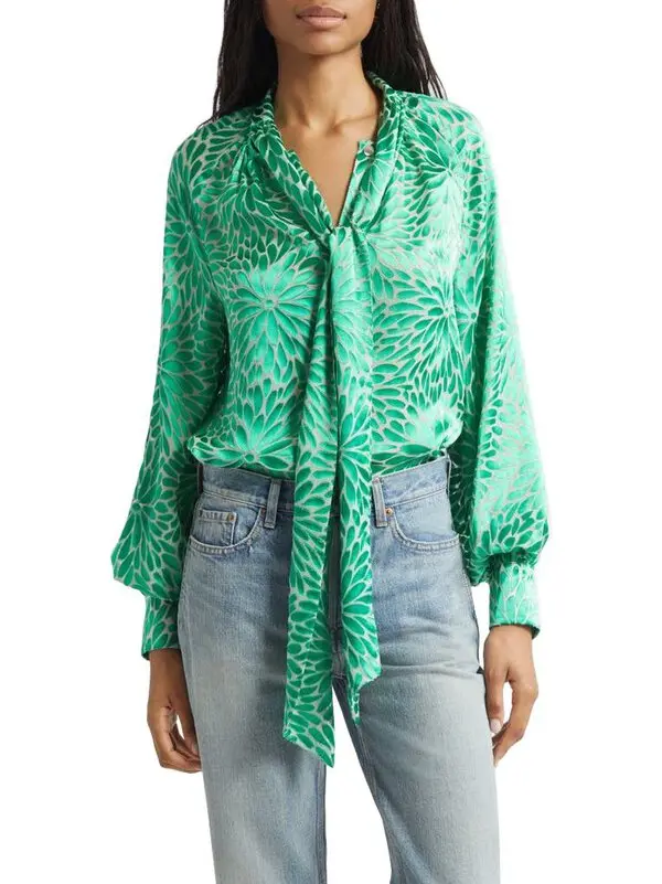 Ramy Brook Aura Tie-neck Silk-blend Blouse - Bright Palm Burnout