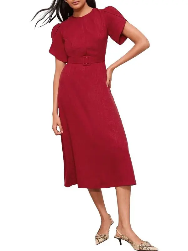 FRIENDS LIKE THESE Tulip Sleeve Belted Midi Dress - Berry Red