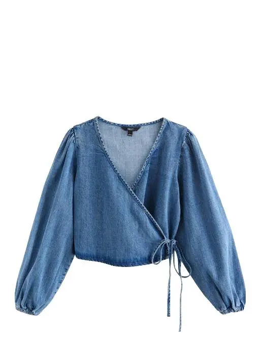 NEXT Denim Wrap Top - Mid Blue Denim
