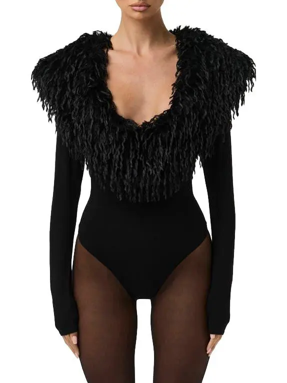 Naked Wardrobe Long Sleeve Bodysuit With Feather Collar - Black