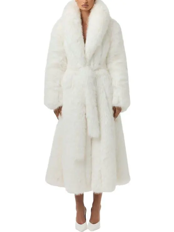 Naked Wardrobe Faux Fur Coat With Shawl Collar - White