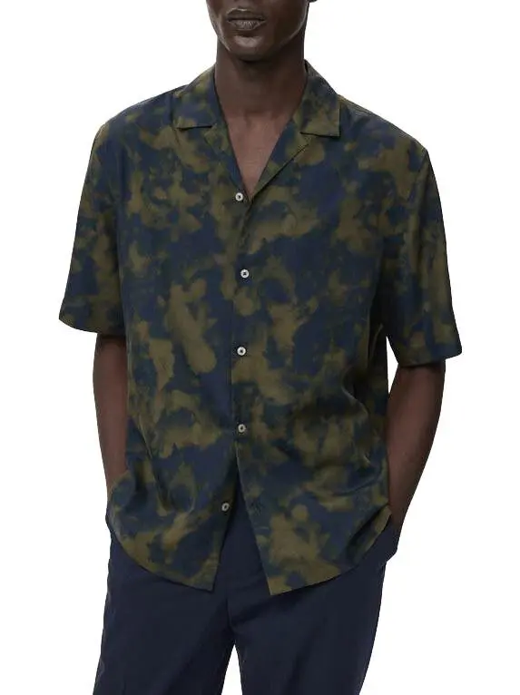 Mango Fluid Print Camp Shirt - Olive Green