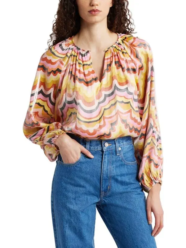 CIEBON Oriana Wave Print Satin Blouse - Pink Multi