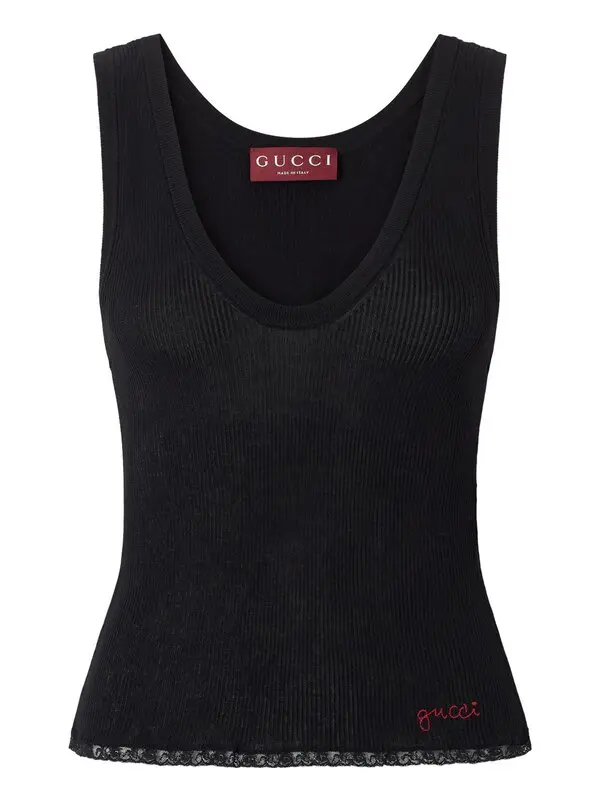 Gucci Embroidered Lace-trimmed Ribbed-knit Cotton Tank Top - Black