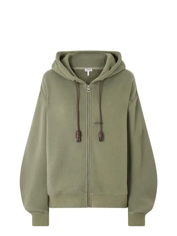 Loewe Flamenco Leather-trimmed Cotton-blend Jersey Hoodie - Green