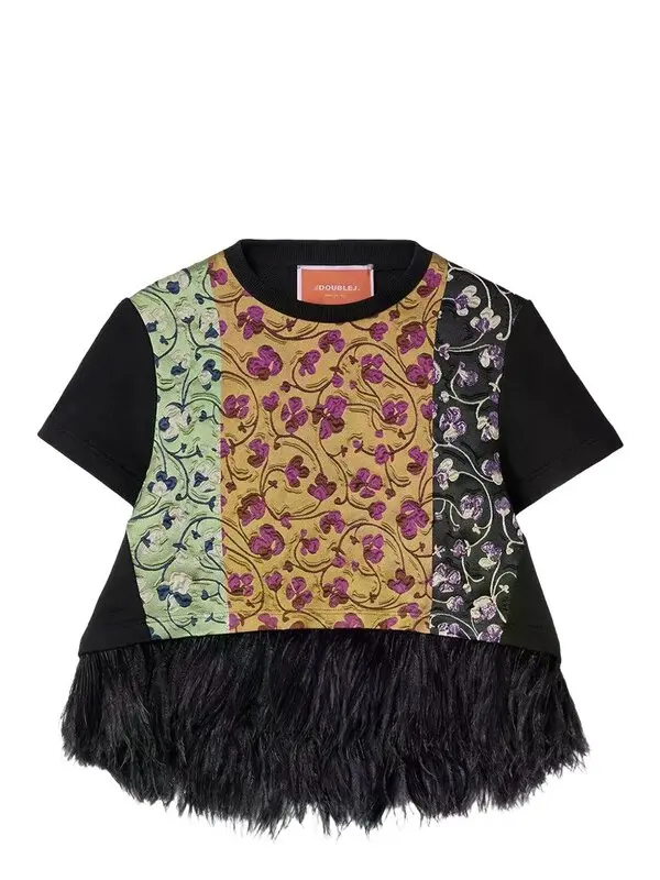 La DoubleJ Feather-trimmed Floral Panel Blouse - Black