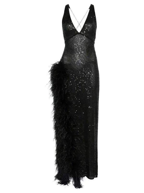 ATU BODY COUTURE Feather-trim Sequined Maxi Dress - Black