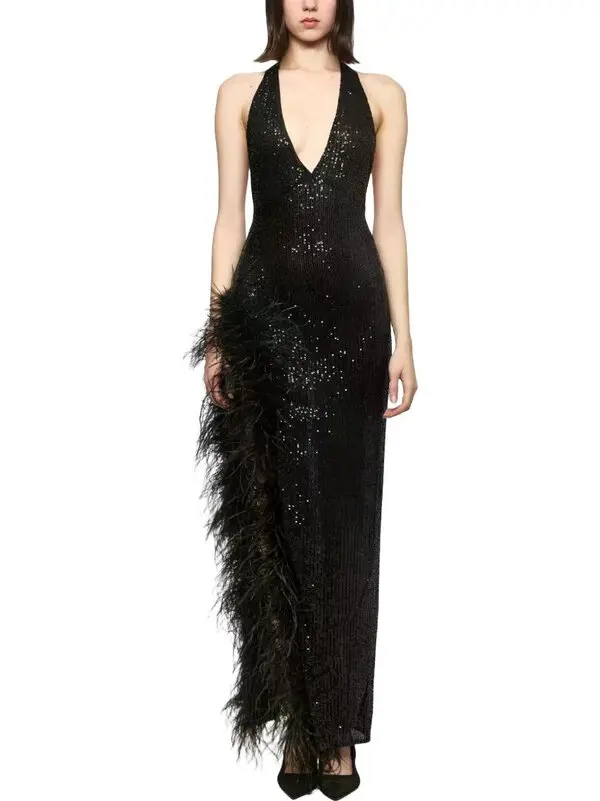 ATU BODY COUTURE Feather-trimmed Sequined Maxi Dress - Black