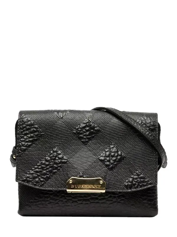 Burberry Embossed Grain Check Leather Langley Crossbody Bag - Black