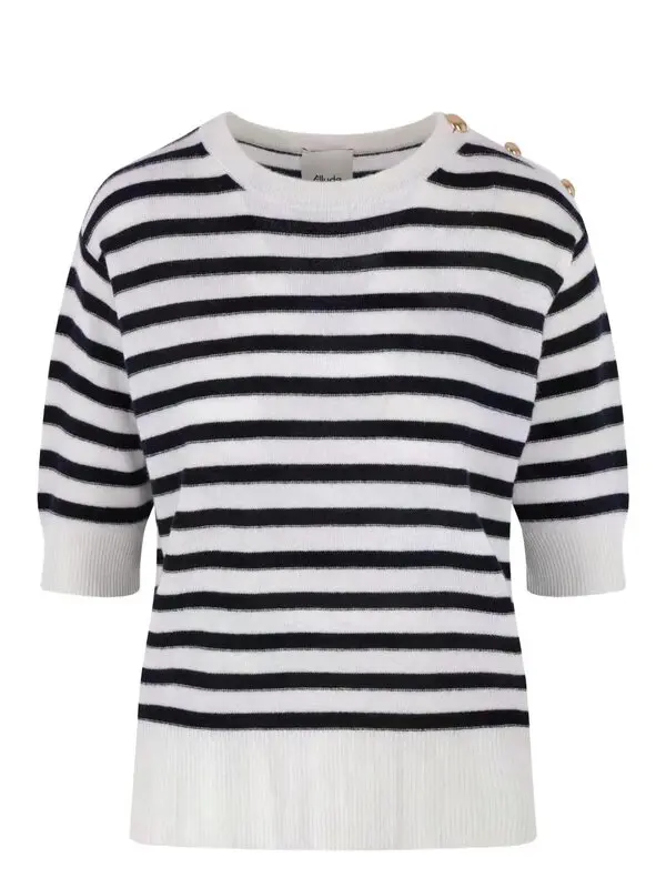 ALLUDE Striped Short-sleeve T-shirt With Button Detail - Black