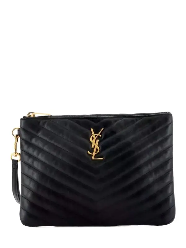 Saint Laurent Classic Monogram Wristlet Pouch Matelasse Chevron Leather - Black