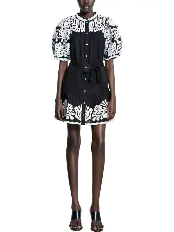 Sea Floral Embroidered Mini Dress - Black