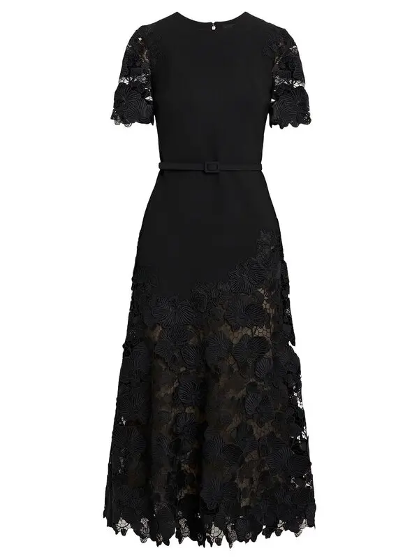 Oscar De La Renta Belted Guipure Lace-paneled Wool-blend Midi Dress - Black