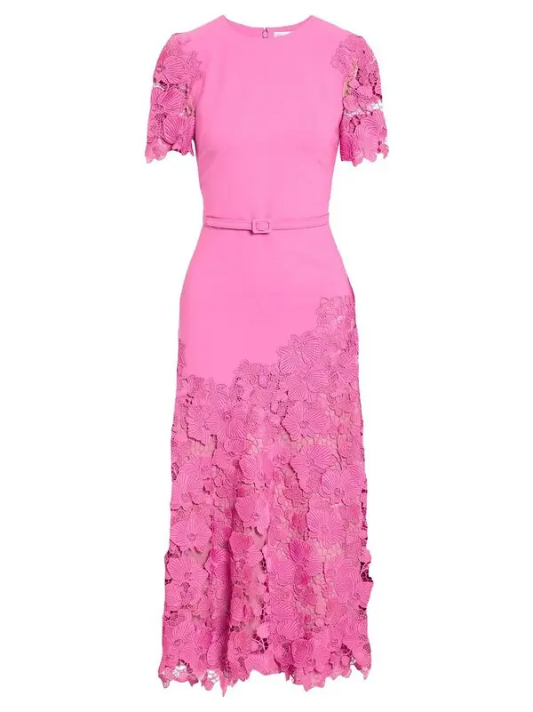 Oscar De La Renta Belted Guipure Lace-paneled Wool-blend Midi Dress - Magenta