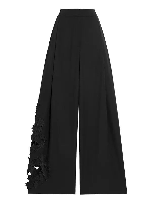 Oscar De La Renta Guipure Lace-paneled Grain De Poudre Wool Wide-leg Pants - Black