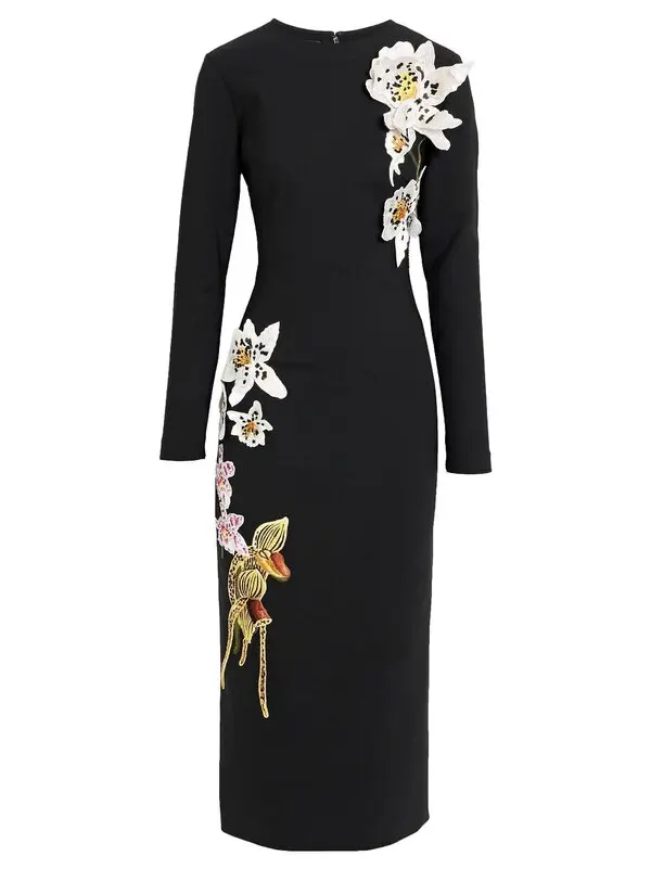 Oscar De La Renta Floral-appliquéd Wool-blend Crepe Midi Dress - Black
