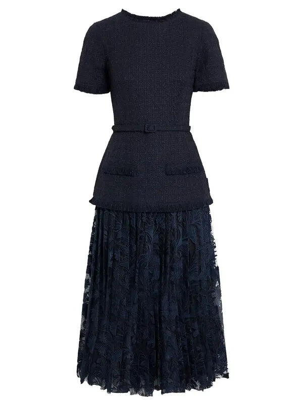 Oscar De La Renta Wool-blend Tweed And Lace Midi Dress - Navy