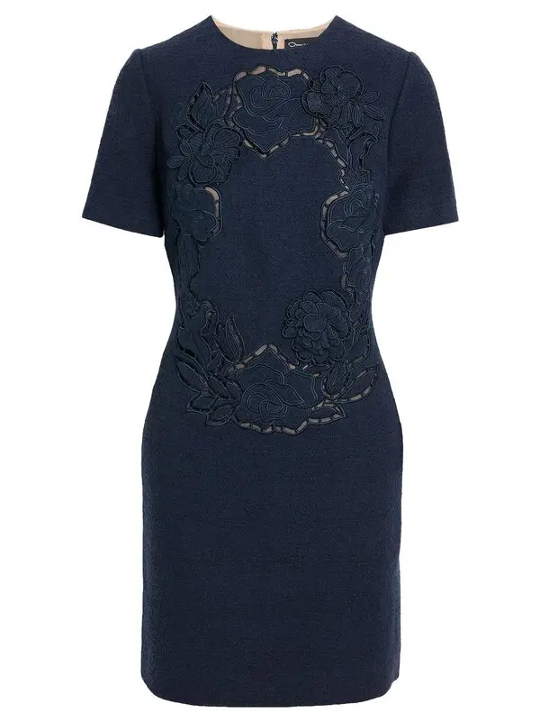 Oscar De La Renta Cotton-blend Bouclé And Guipure Lace Mini Dress - Navy