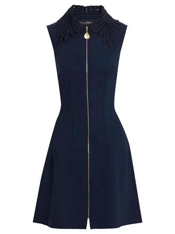 Oscar De La Renta Guipure Lace-trimmed Wool-blend Crepe Mini Dress - Navy