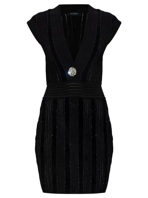 Balmain Embellished-chest V-neck Dress - Black