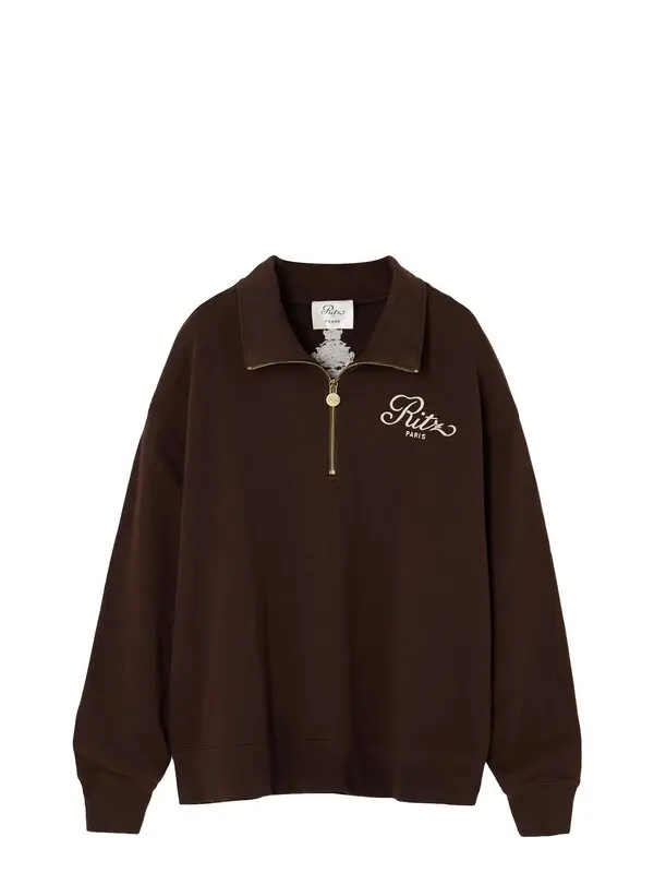 FRAME Ritz Paris Oversized Embroidered Half-zip Sweatshirt - Brown