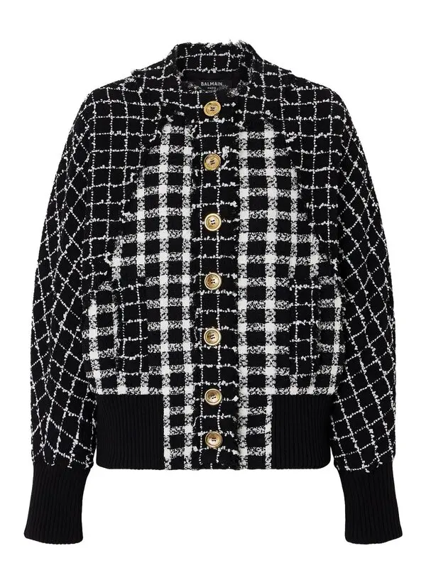 Balmain Frayed Checked Bouclé-tweed Bomber Jacket - Black