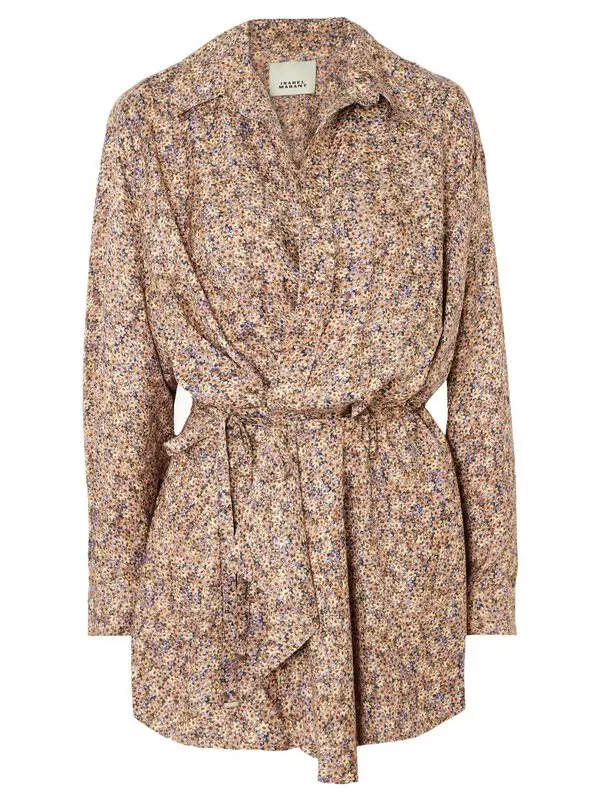Isabel Marant Harmony Floral-print Satin-jacquard Wrap Mini Shirt Dress - Brown