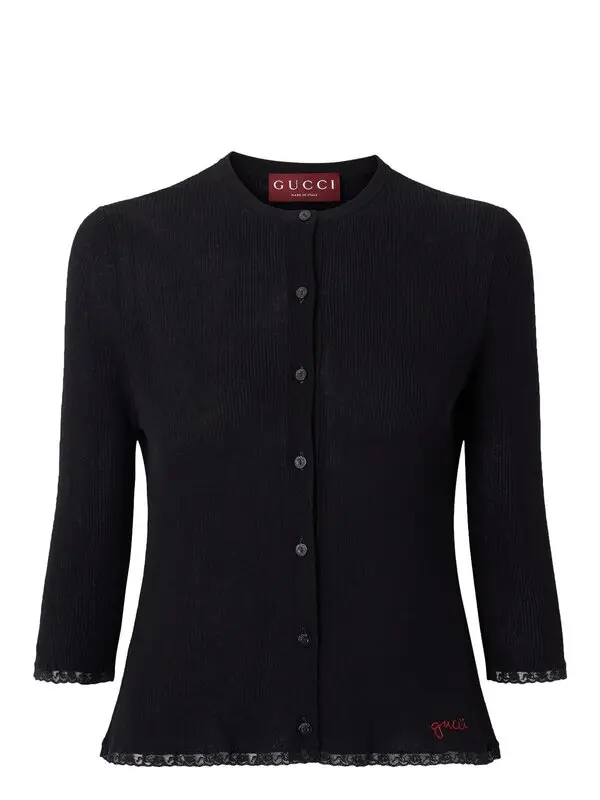 Gucci Embroidered Lace-trimmed Ribbed-knit Cotton Cardigan - Black