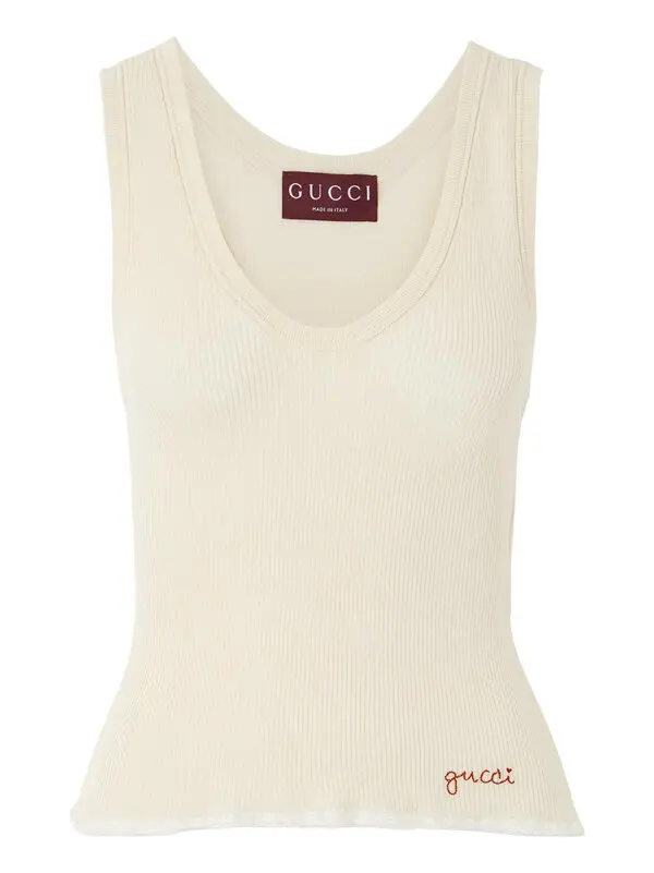Gucci Embroidered Lace-trimmed Ribbed-knit Cotton Tank Top - Off-white