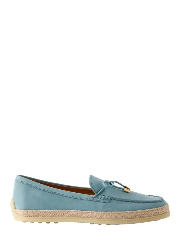 TOD'S Raffia-trimmed Suede Loafers With Bow Detailing - Blue