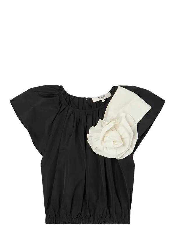 Sea Laurie Cropped Appliquéd Taffeta Top - Black