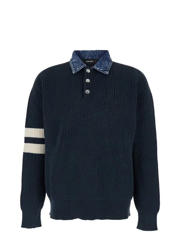 Dsquared2 Sweater With Denim Collar And Logo - Blue