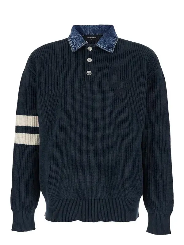 Dsquared2 Sweater With Denim Collar And Logo - Blue