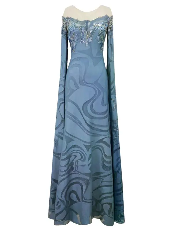 GEMY MAALOUF Floor-length Gown With Cape Sleeves - Blue