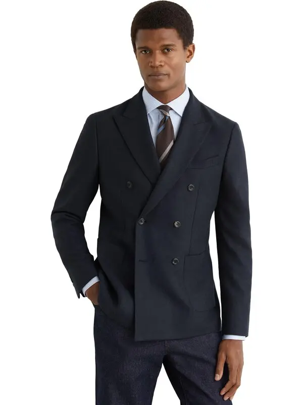 REISS Carson Flannel Double-breasted Blazer Tailored-fit - Navy