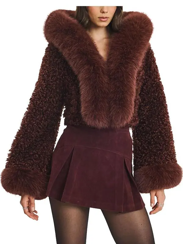 MISS CIRCLE Kali Teddy Cropped Faux Fur Hooded Jacket - Mahogany